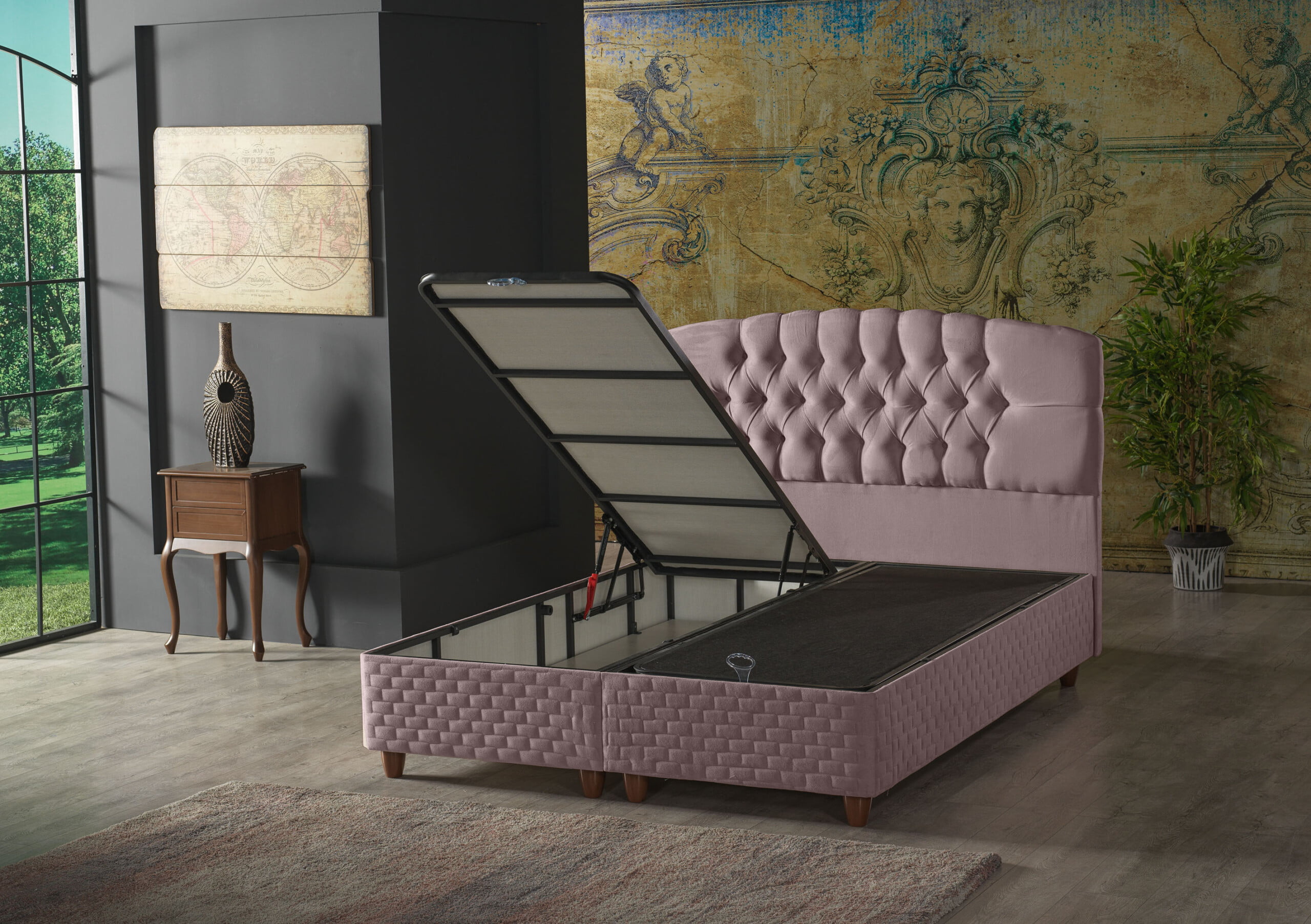 Pat armoni, 160x200 cm, tapitat, roz - VreiMobila.ro